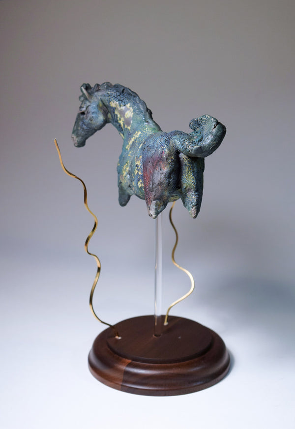 On Gentle Currents - Raku fired ceramic sea horse sculpture - Susie Benes